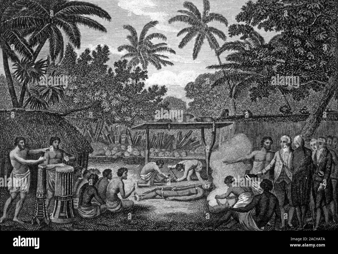 Human sacrifice in Tahiti. Artwork of the British explorer Captain ...