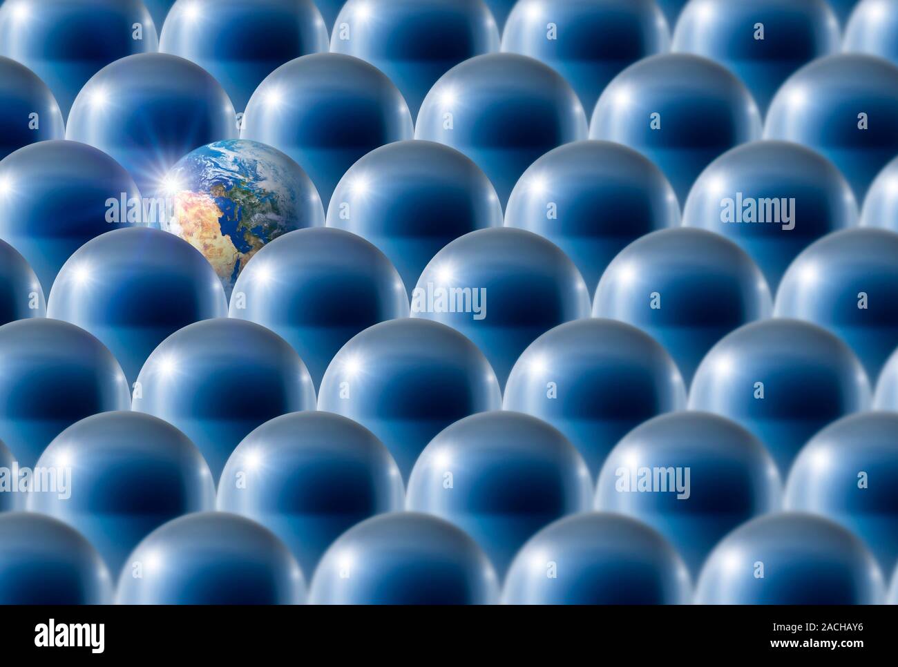 Single Earth. Conceptual artwork of the Earth among an array of steel ...