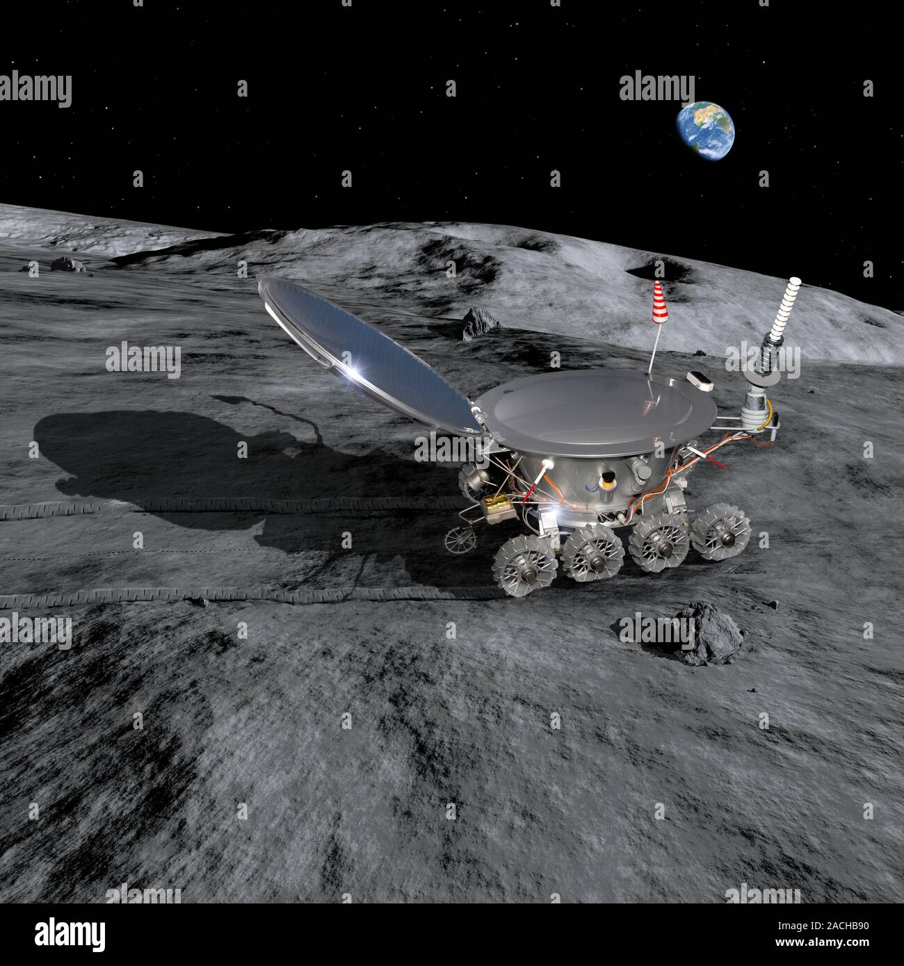 Lunokhod 1 lunar rover, artwork. The Earth is at upper right. This ...