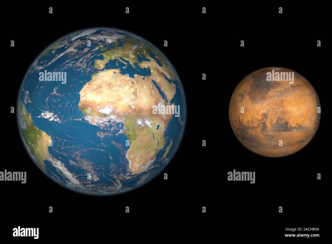 Mars and Earth compared. Computer artwork comparing the size of Mars ...