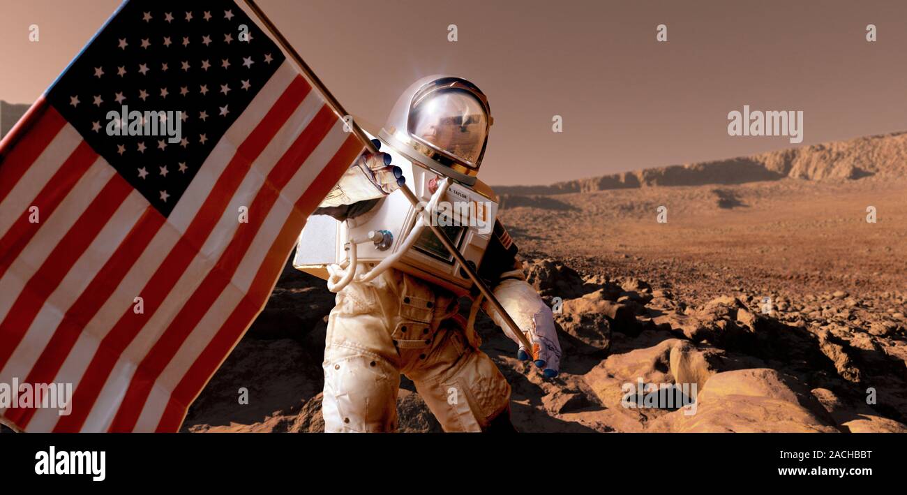 US exploration of Mars, artwork. Astronaut preparing to plant the flag ...