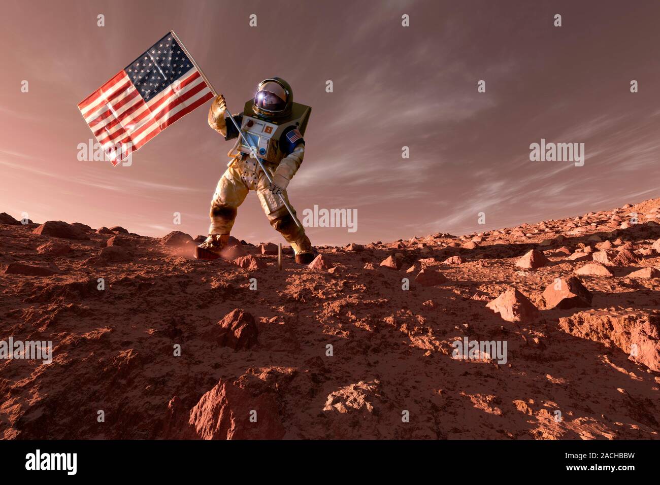 US exploration of Mars, artwork. Astronaut preparing to plant the flag ...