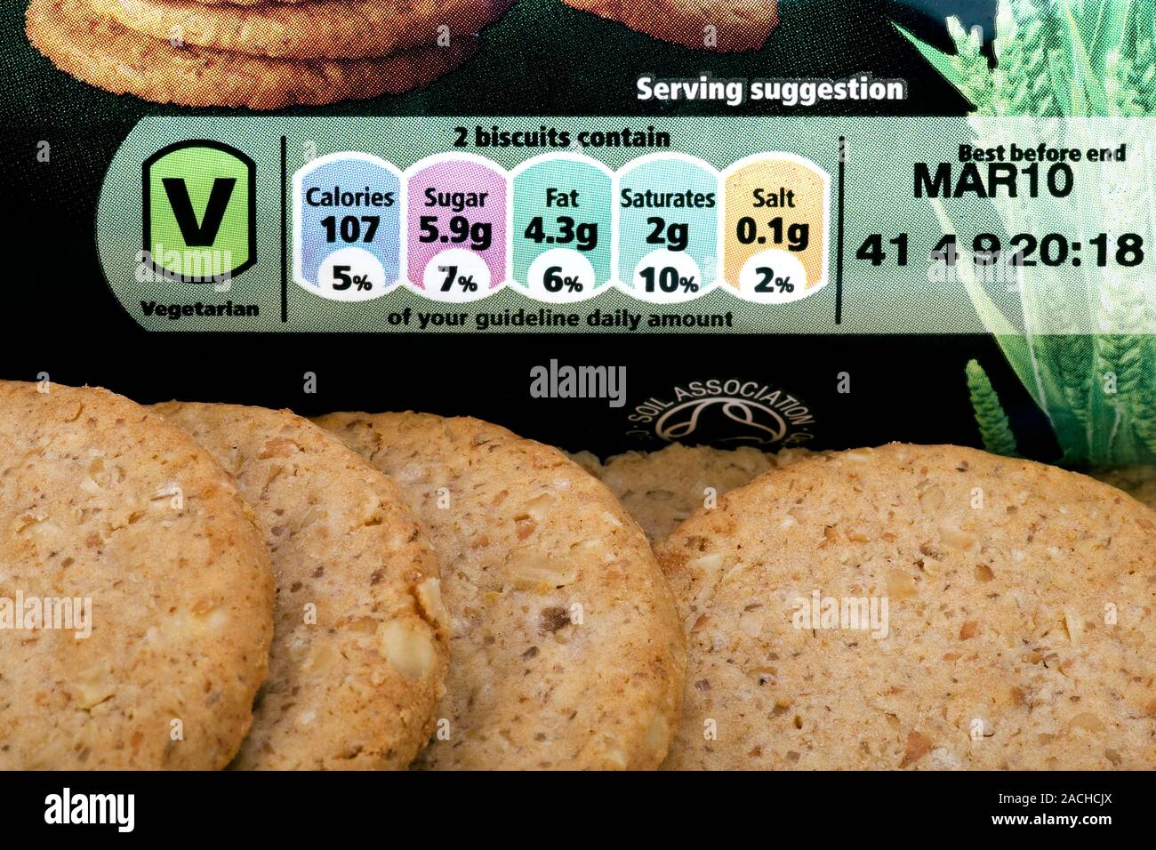Nutritional information. Packet of biscuits with a coloured labelling ...