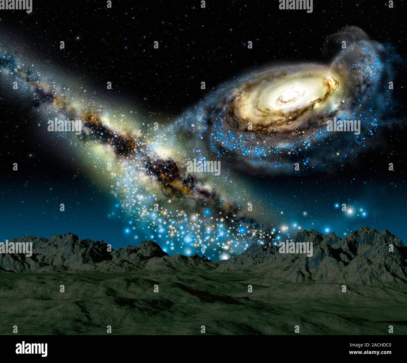 Colliding galaxies. Computer artwork of the Milky Way and Andromeda ...