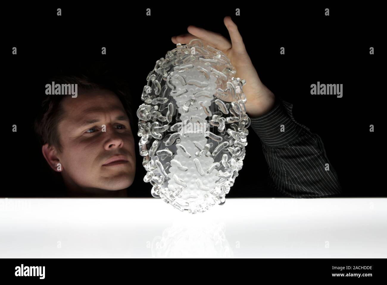 Smallpox virus, glass sculpture. British artist Luke Jerram holding his ...