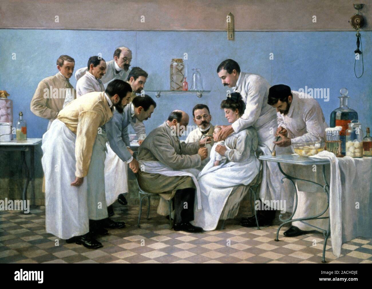Diphtheria treatment. Artwork of a doctor intubating a young child ...