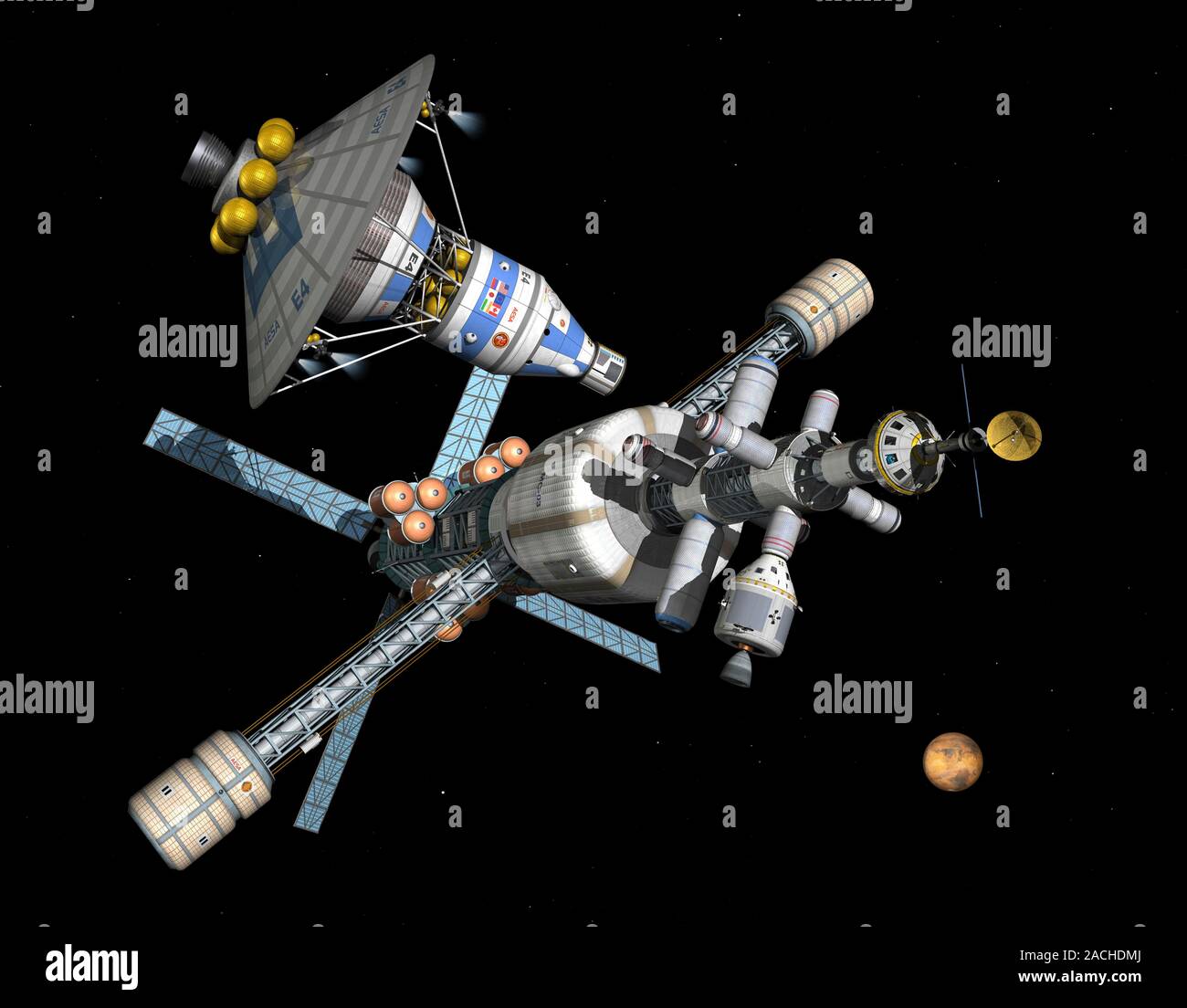 Mars cycler spacecraft. Artwork of a lander vehicle (top left ...