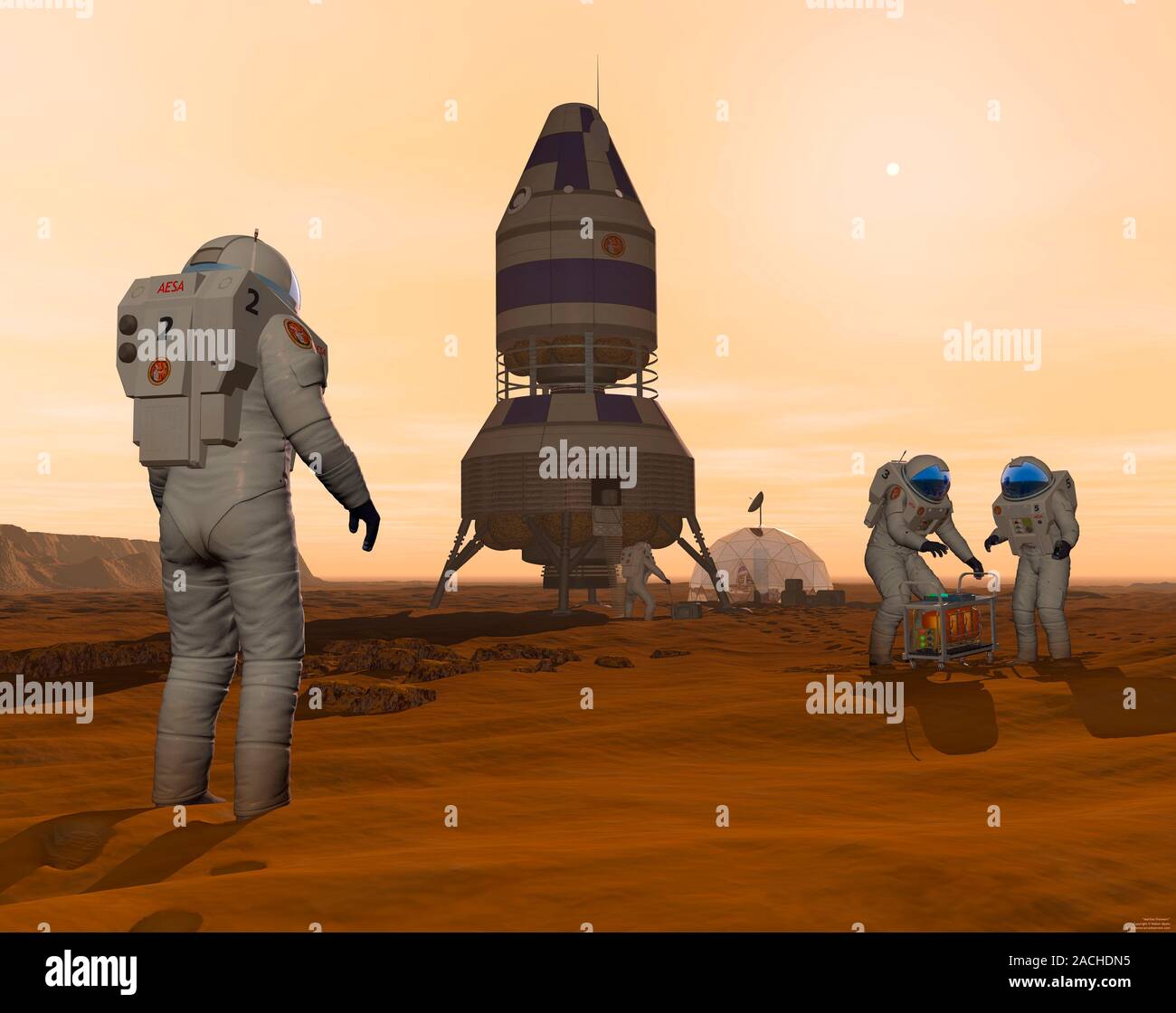 Mars exploration. Artwork of astronauts setting up a base on the ...