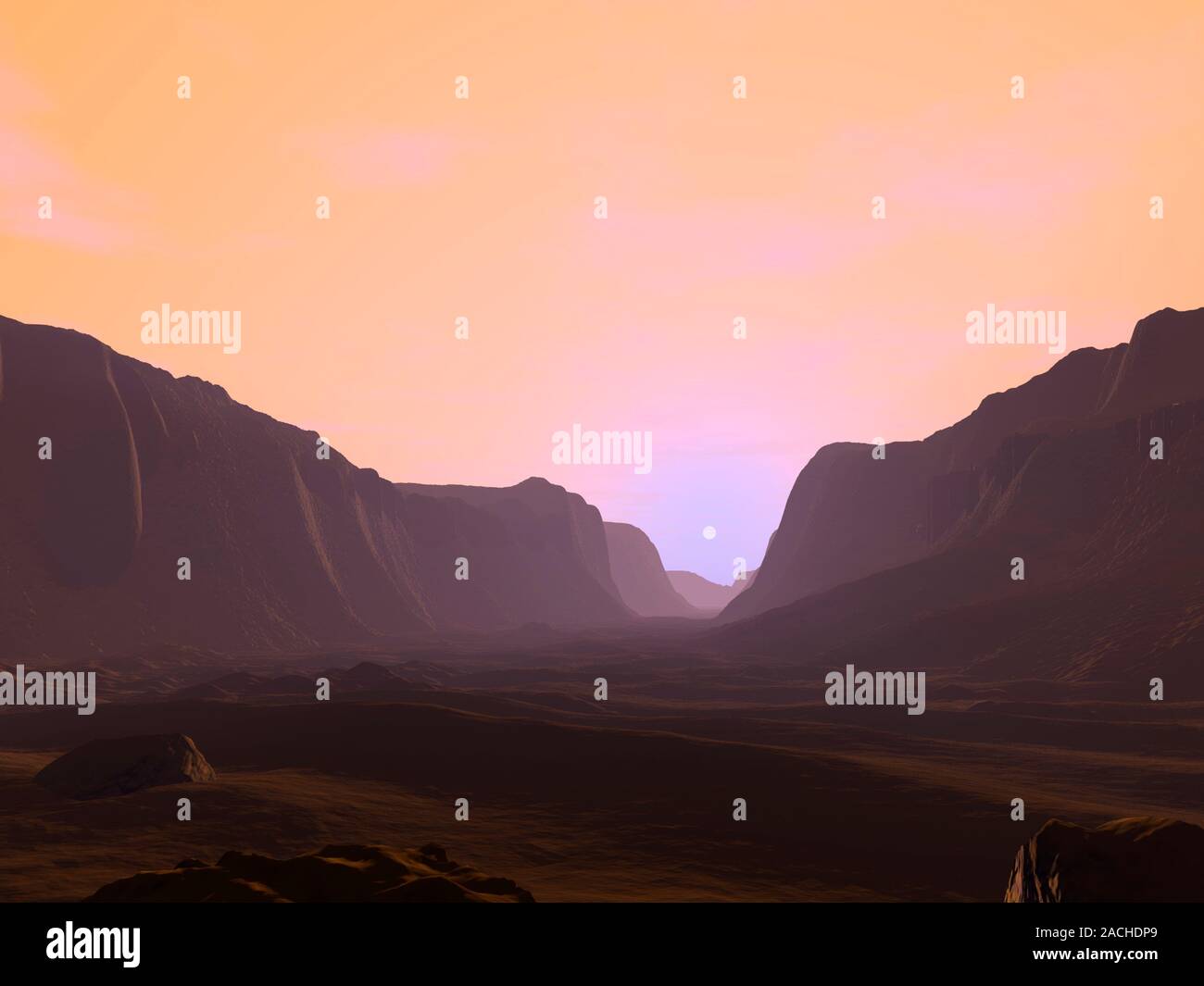 Martian sunrise. Artwork of the sunrise seen from the bottom of a ...