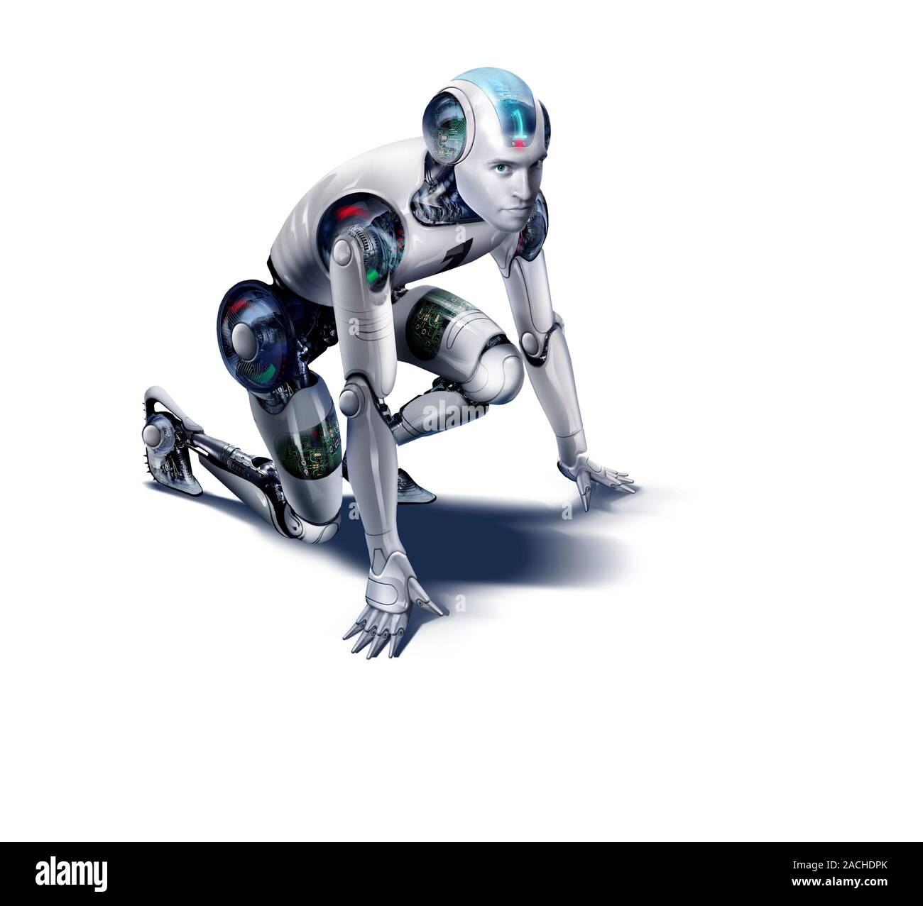 Robot. Computer artwork of a humanoid robot in a crouching pose as if ...