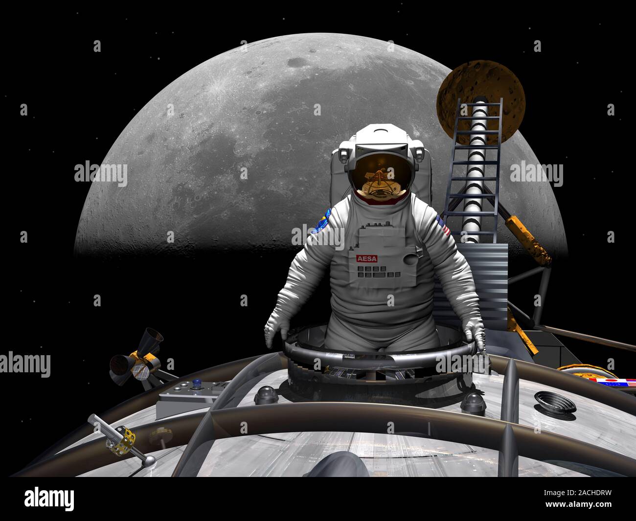 Spacewalk. Artwork of an astronaut leaving their spacecraft for a ...