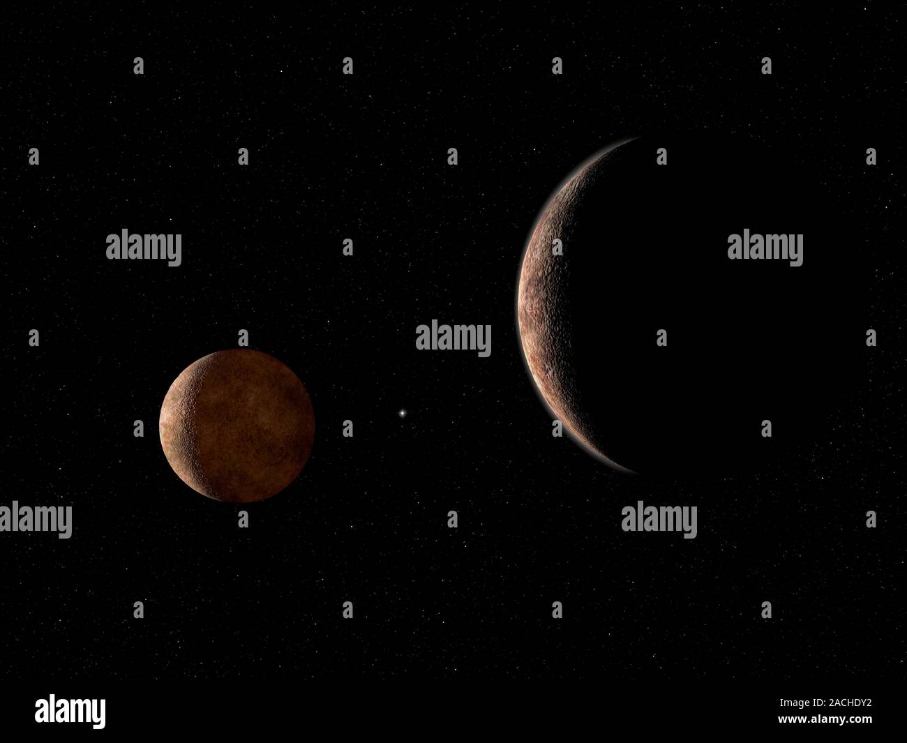 Pluto and Charon, artwork. Charon (left) is Pluto's largest moon and is ...