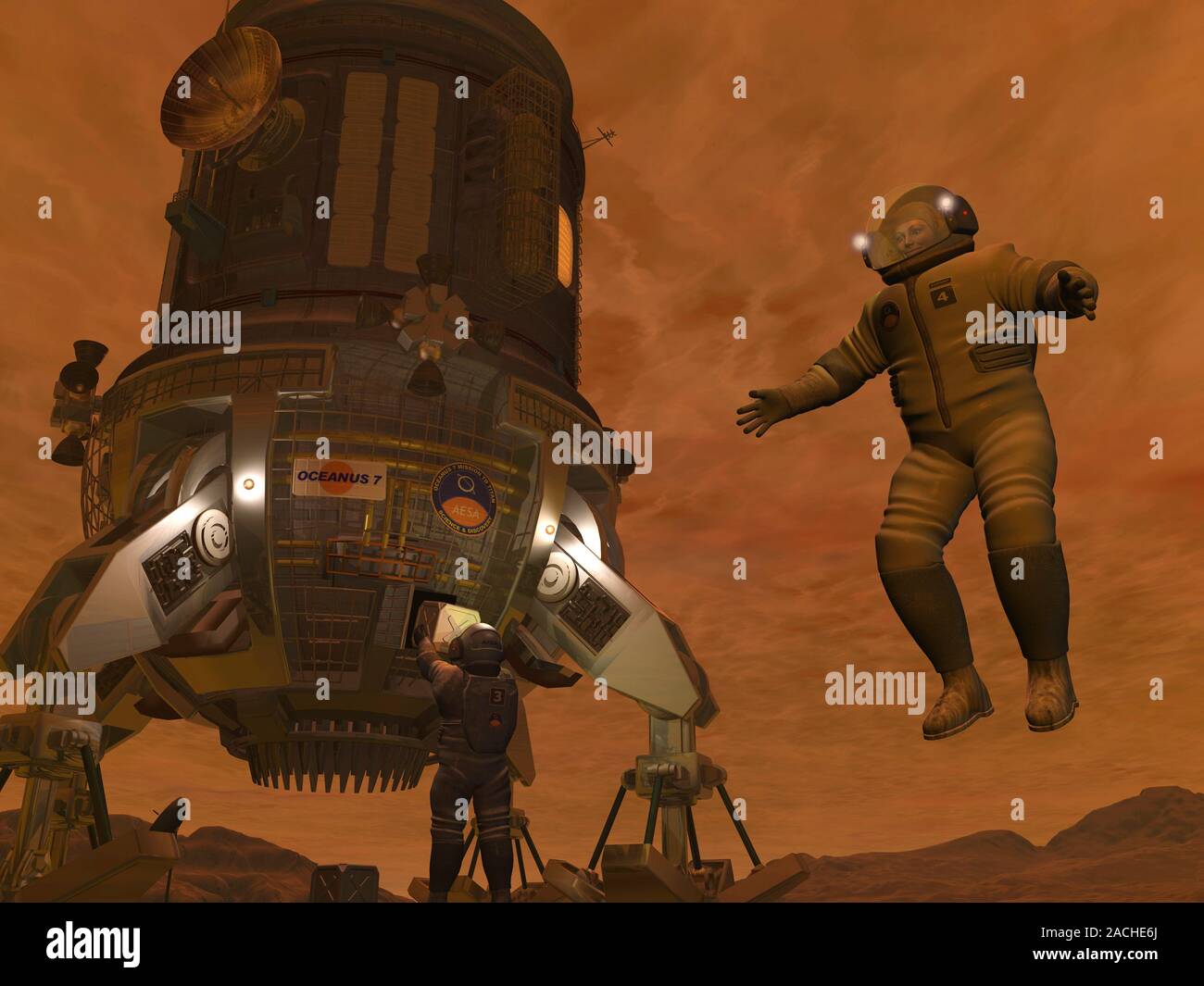 Titan exploration. Artwork of astronauts exploring the surface of ...