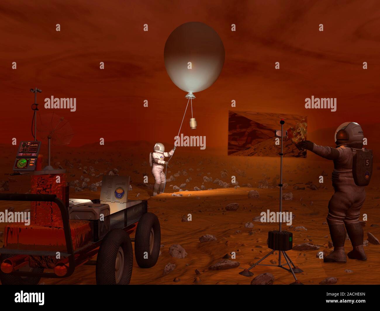 Titan exploration. Artwork of astronauts releasing a weather balloon on ...