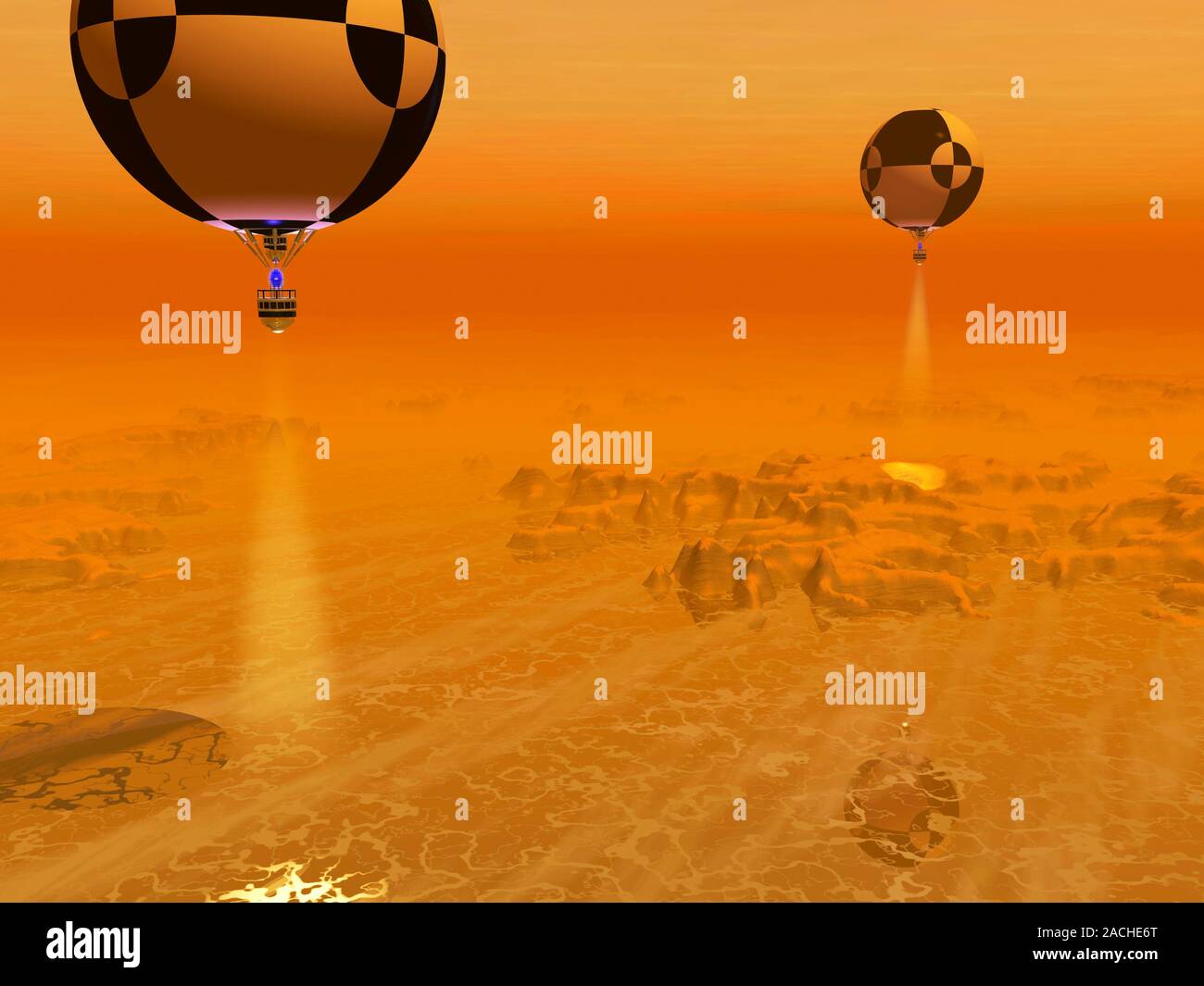 Titan exploration. Artwork of balloon-borne probes surveying a swamp of ...