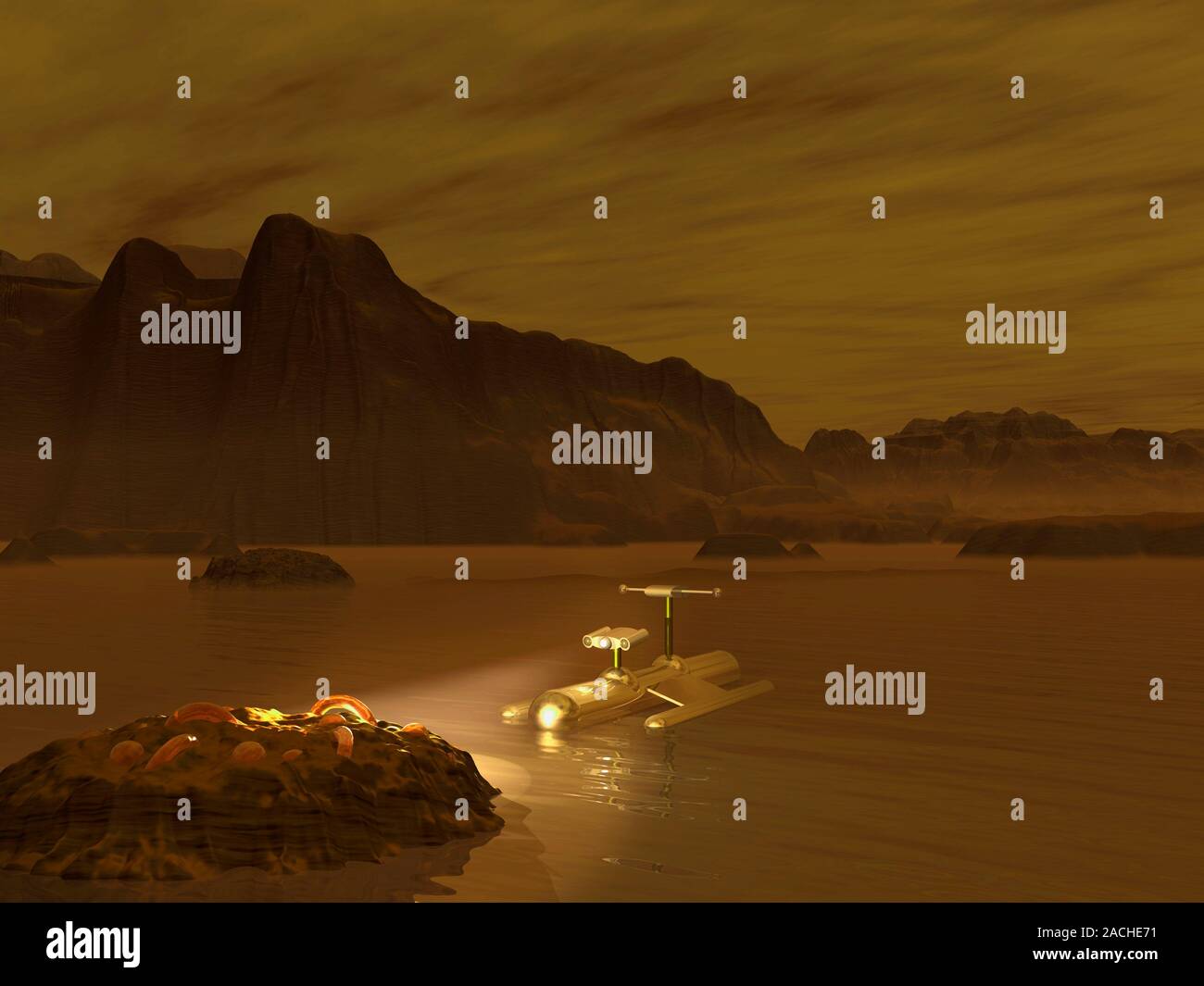 Titan exploration. Artwork of a robotic probe exploring an ethane lake ...