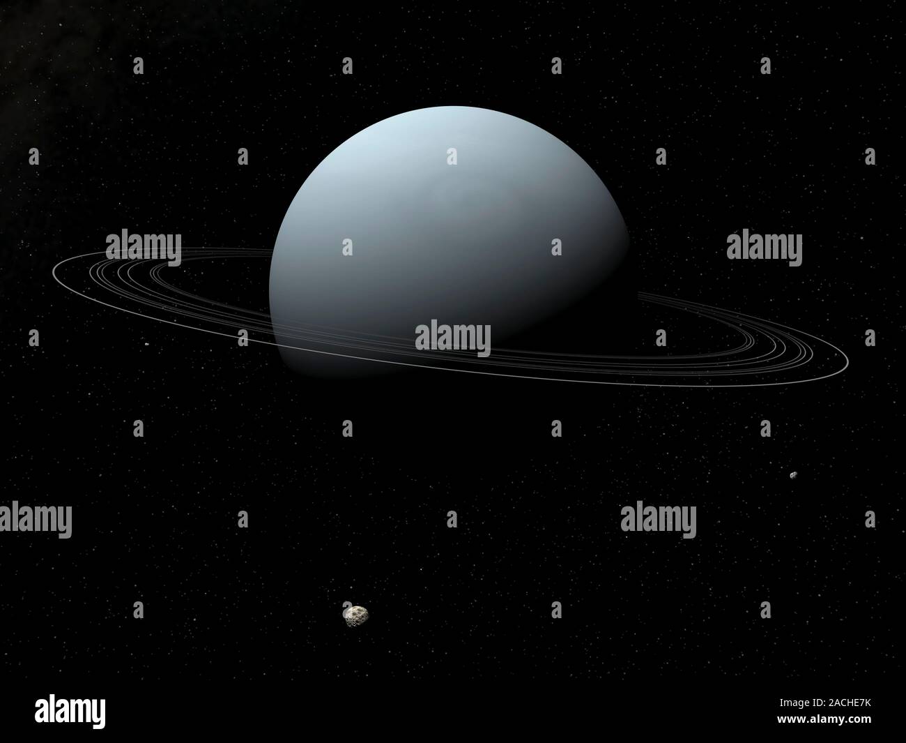 Uranus and Puck, artwork. Puck is the outermost and largest of Uranus ...