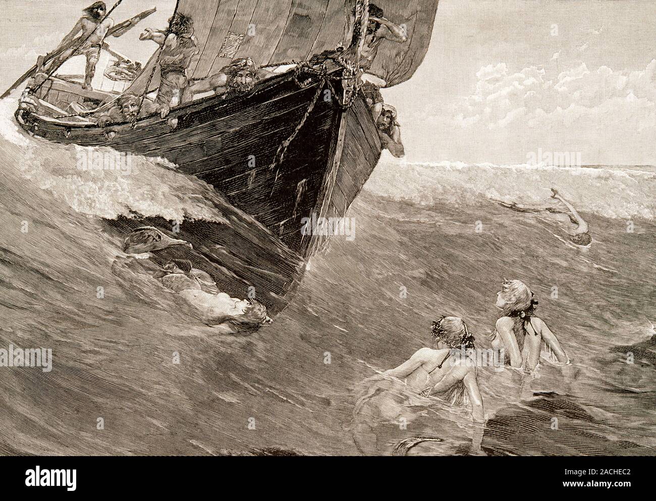 Vision of mermaids. Artwork of a Viking ship spotting mermaids in the ...