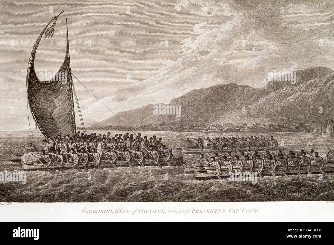 Hawaiian canoes. Artwork of Hawaiian canoes carrying Tereoboo, the King ...