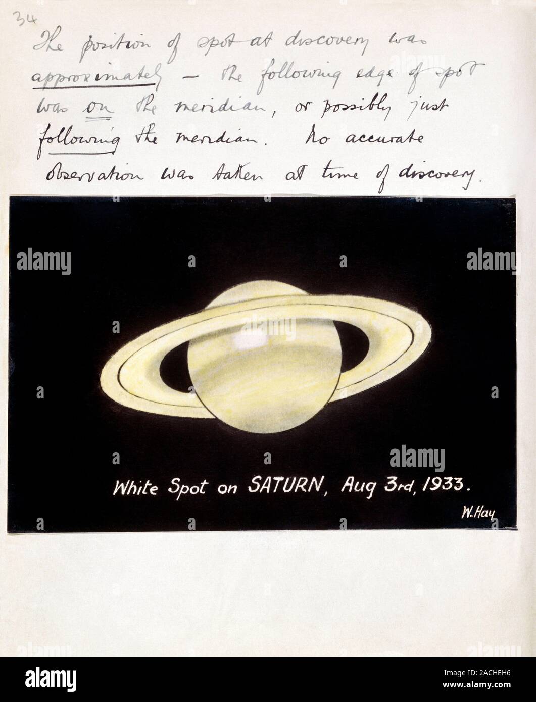 Saturn observed on 3 August 1933. The drawing and text are by the ...