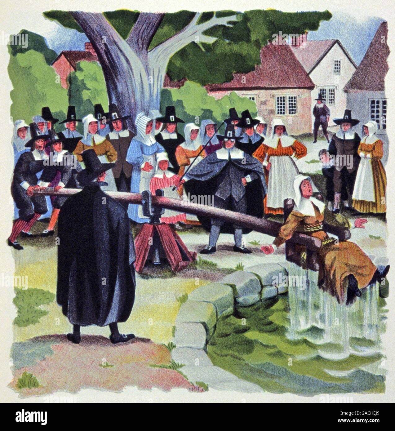 Ducking stool. Artwork of a woman being punished in a ducking chair ...