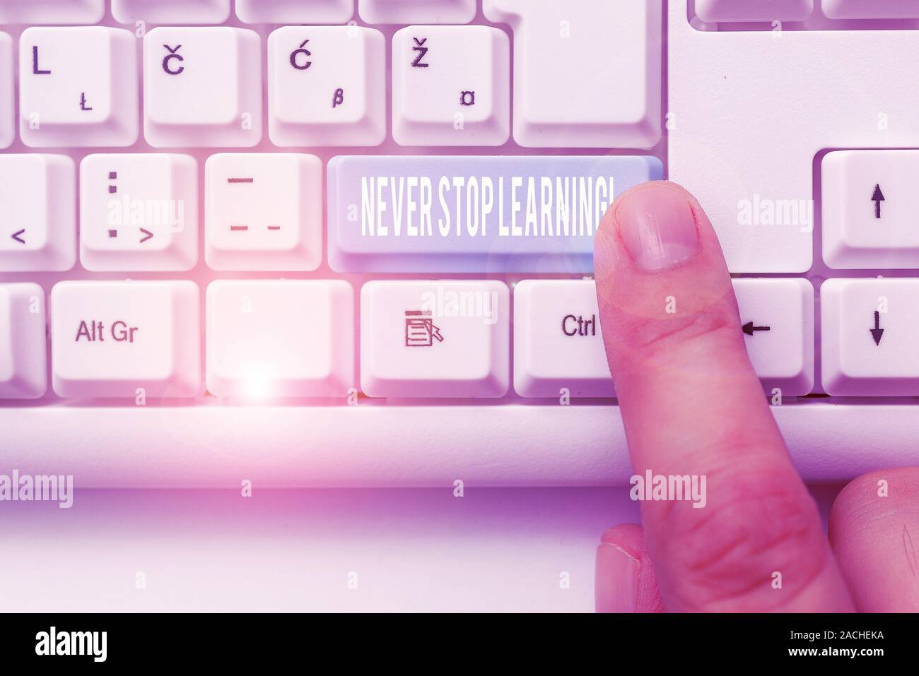 Writing note showing Never Stop Learning. Business concept for keep on ...