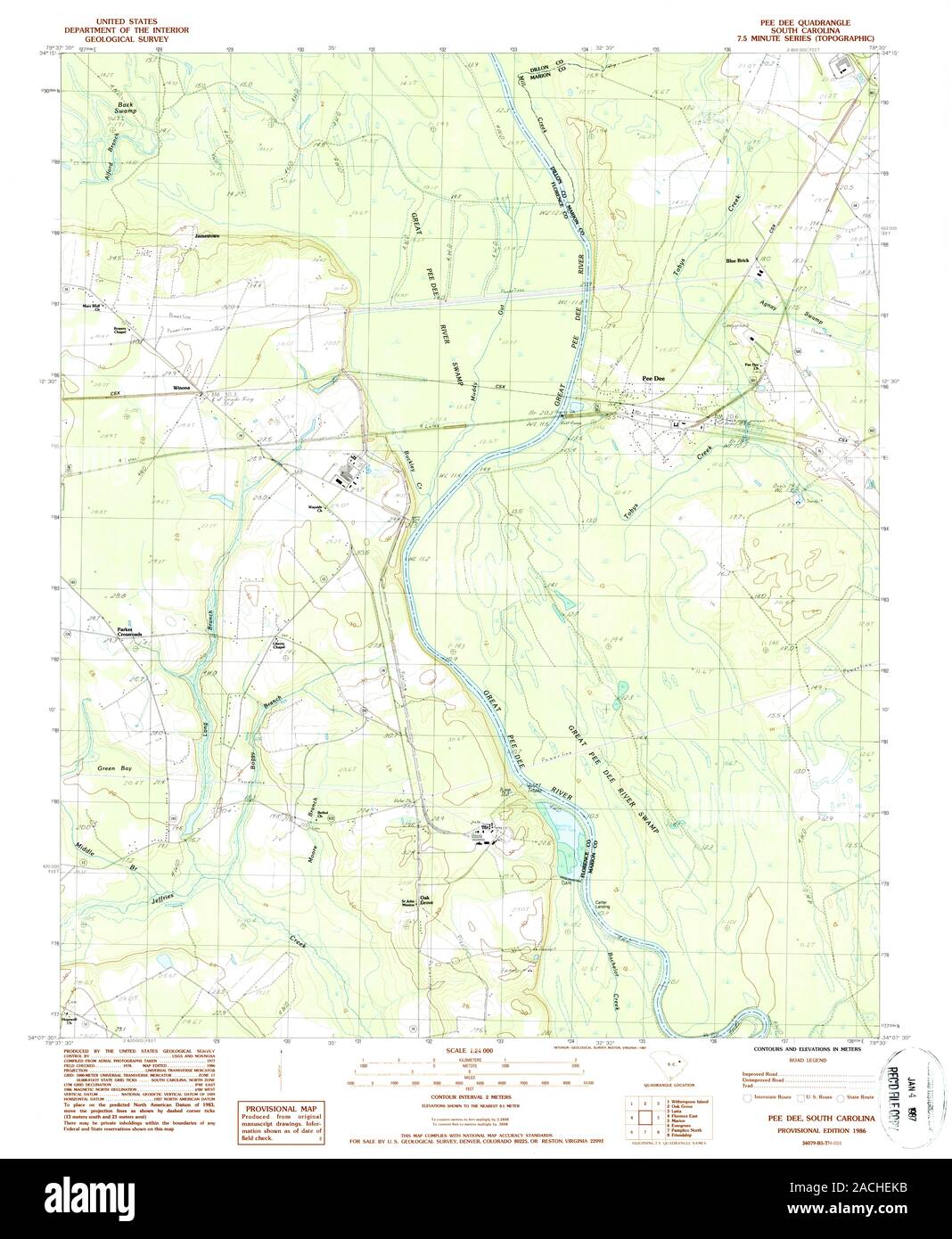 USGS TOPO Map South Carolina SC Pee Dee 261430 1986 24000 Restoration ...
