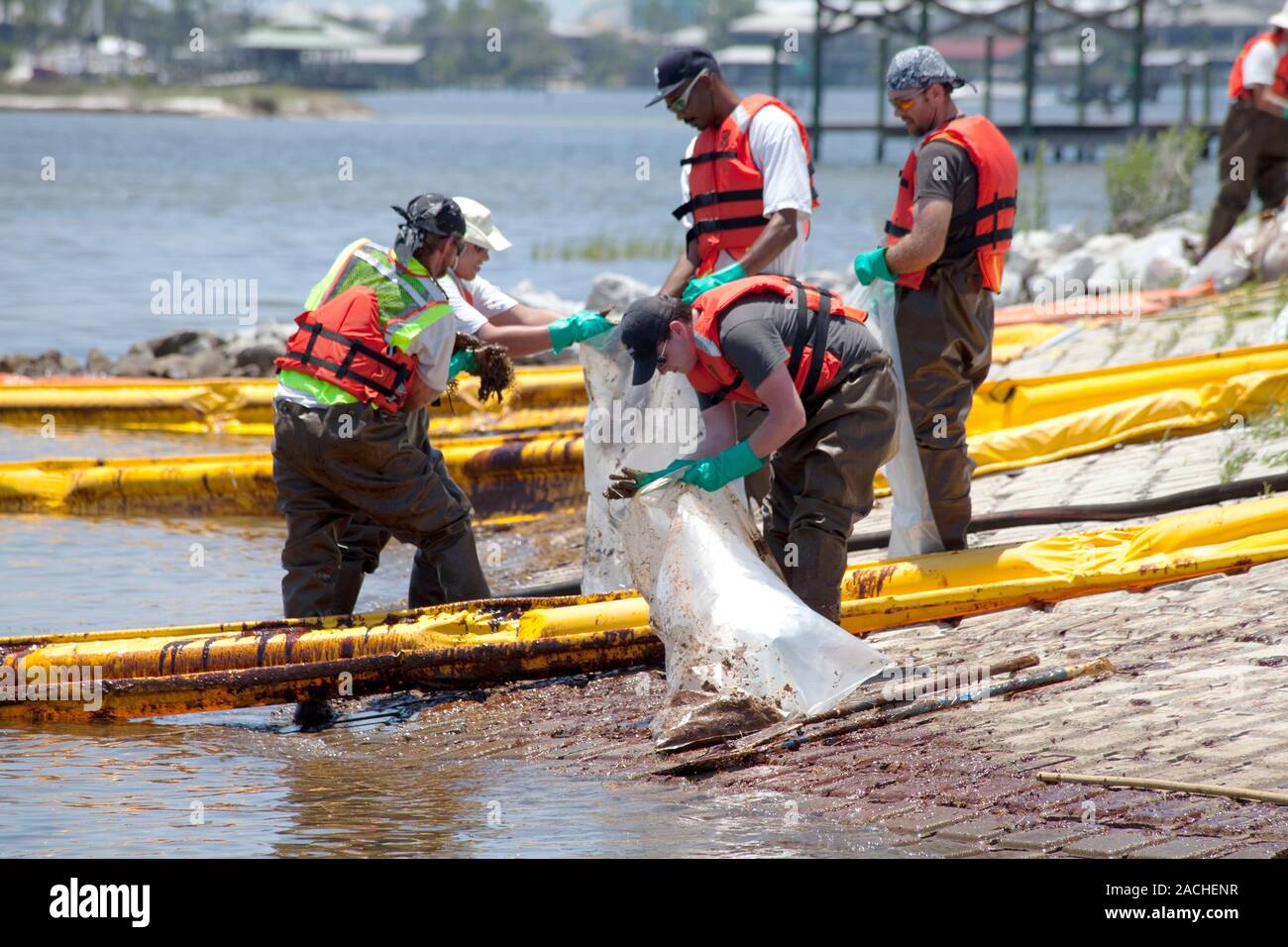 Gulf of Mexico oil spill clean-up. Workers cleaning up oily waste that ...