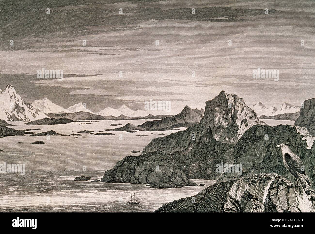 Cook in Tierra del Fuego. HMS Resolution (bottom centre) in Christmas ...