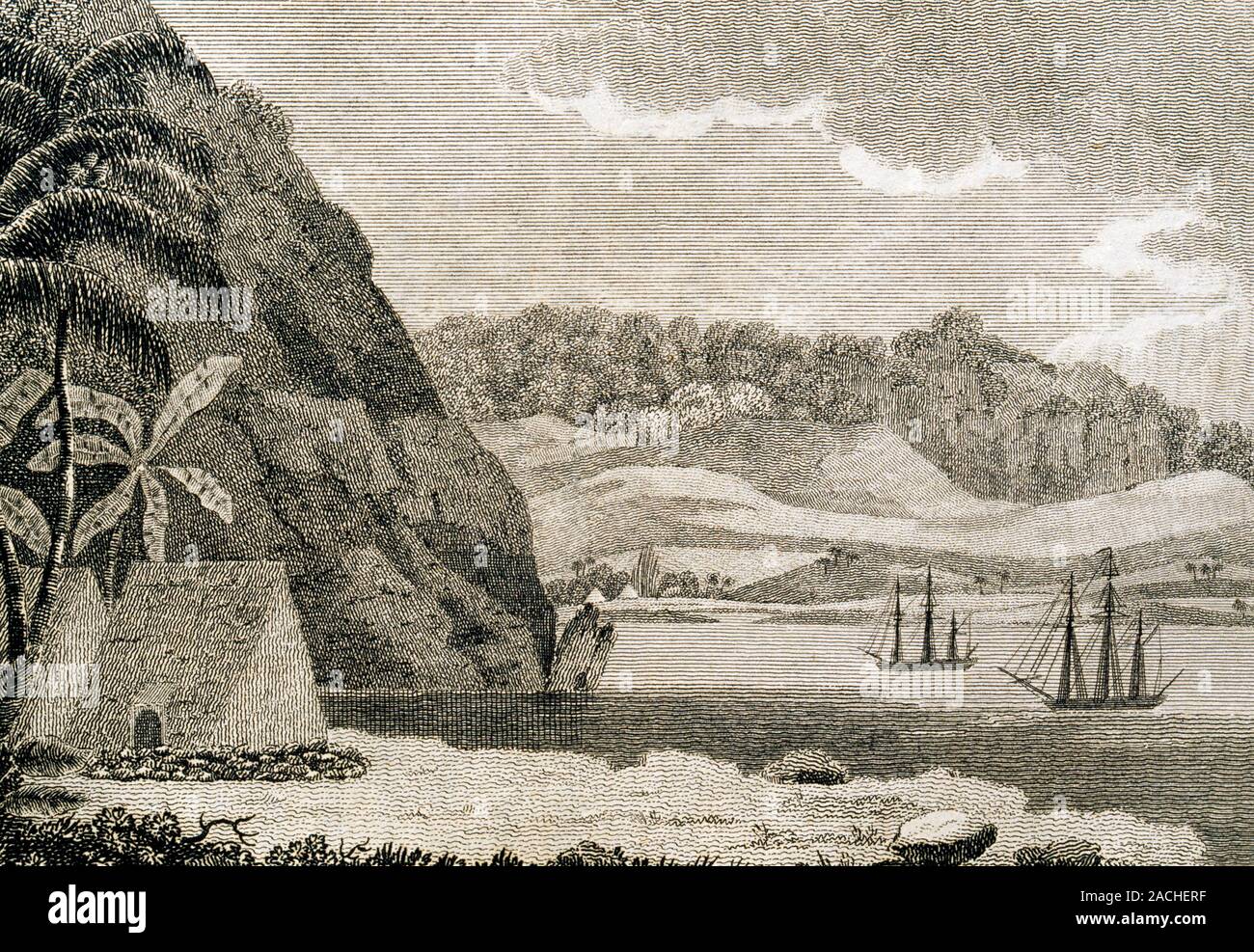 Cook in Hawaii, with the ships HMS Resolution and HMS Discovery. This ...