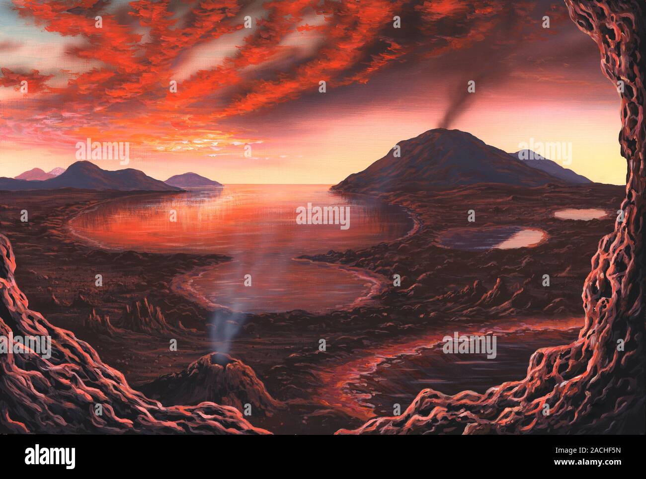 Early Earth. Artwork of a view across the surface of the Earth during ...