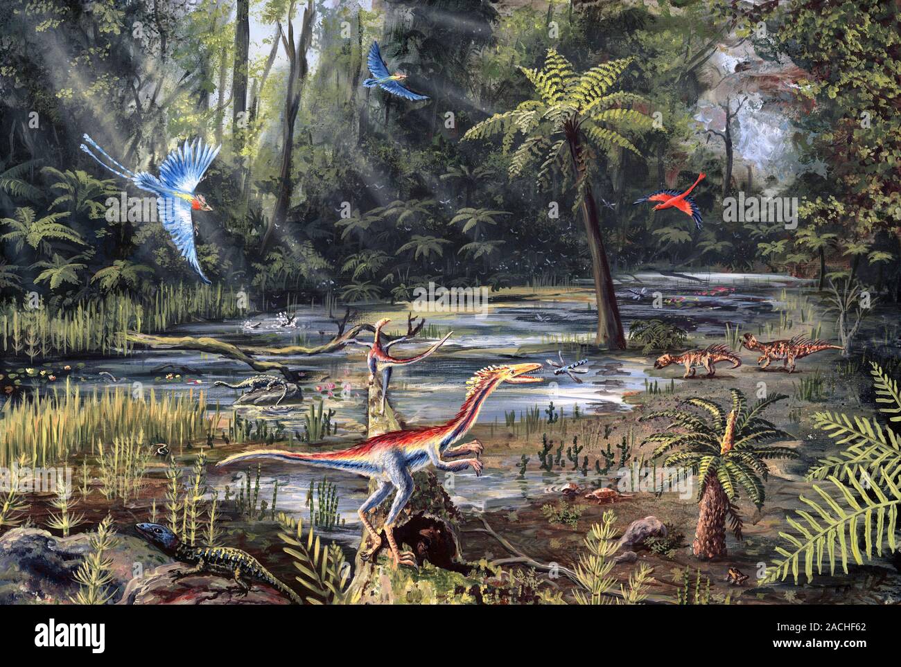 Cretaceous life. Artwork of a number of different prehistoric creatures ...