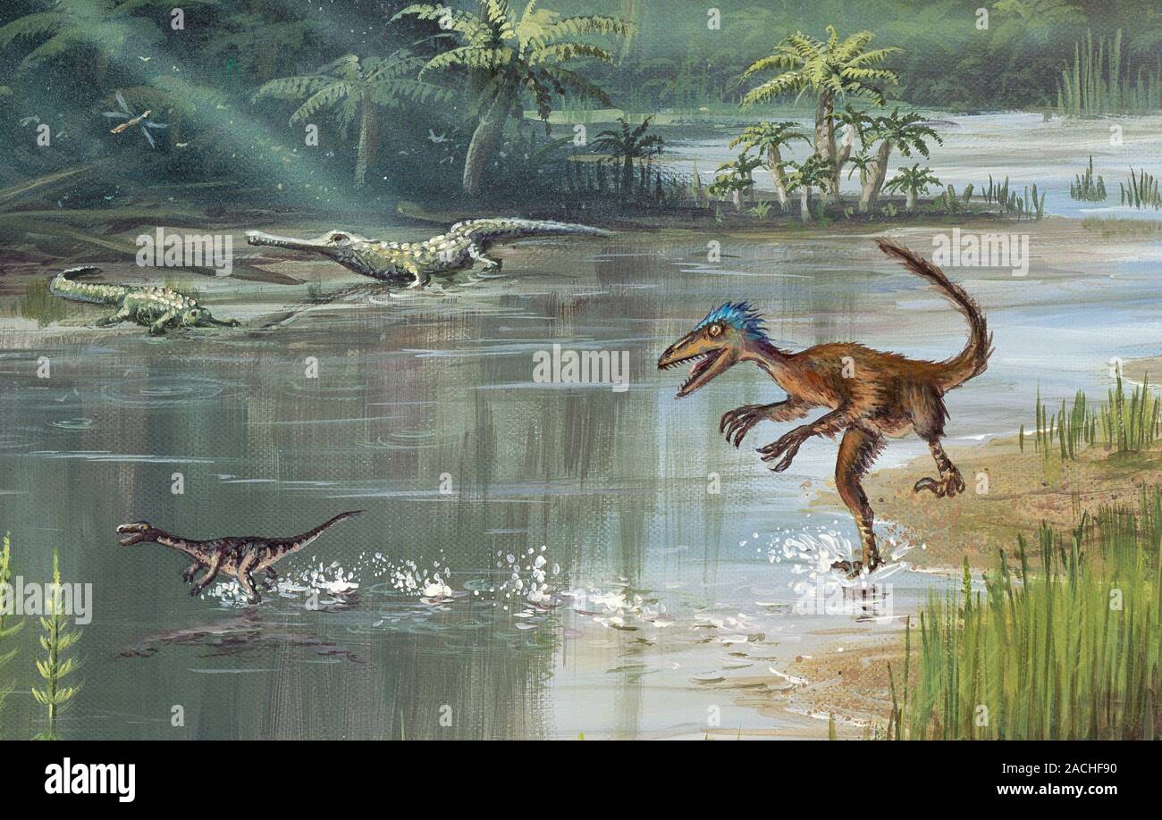 Jurassic life. Artwork of a forest with prehistoric creatures that ...
