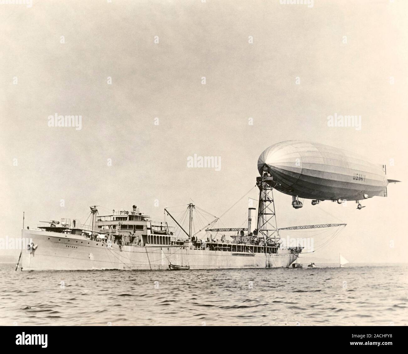 USS Shenandoah airship moored to its tender the newly-converted USS ...