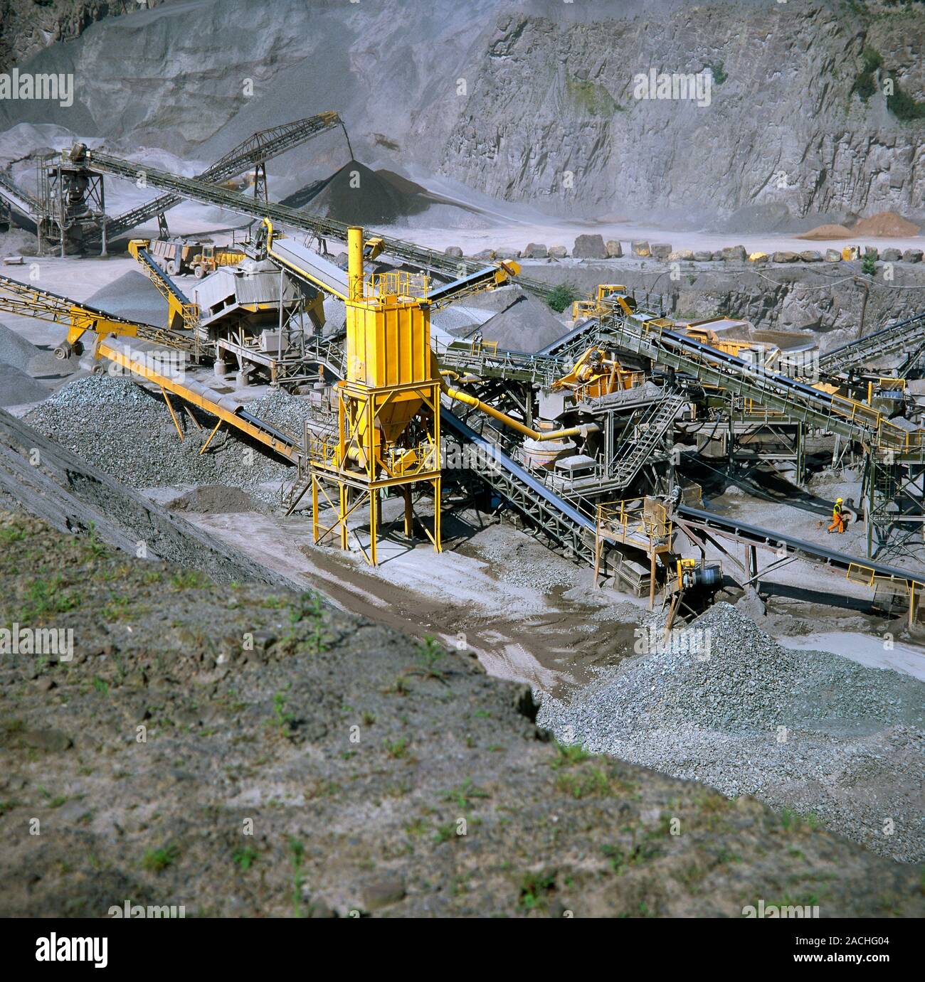 Rock crushing plant at a roadstone quarry. Photographed in Shropshire ...