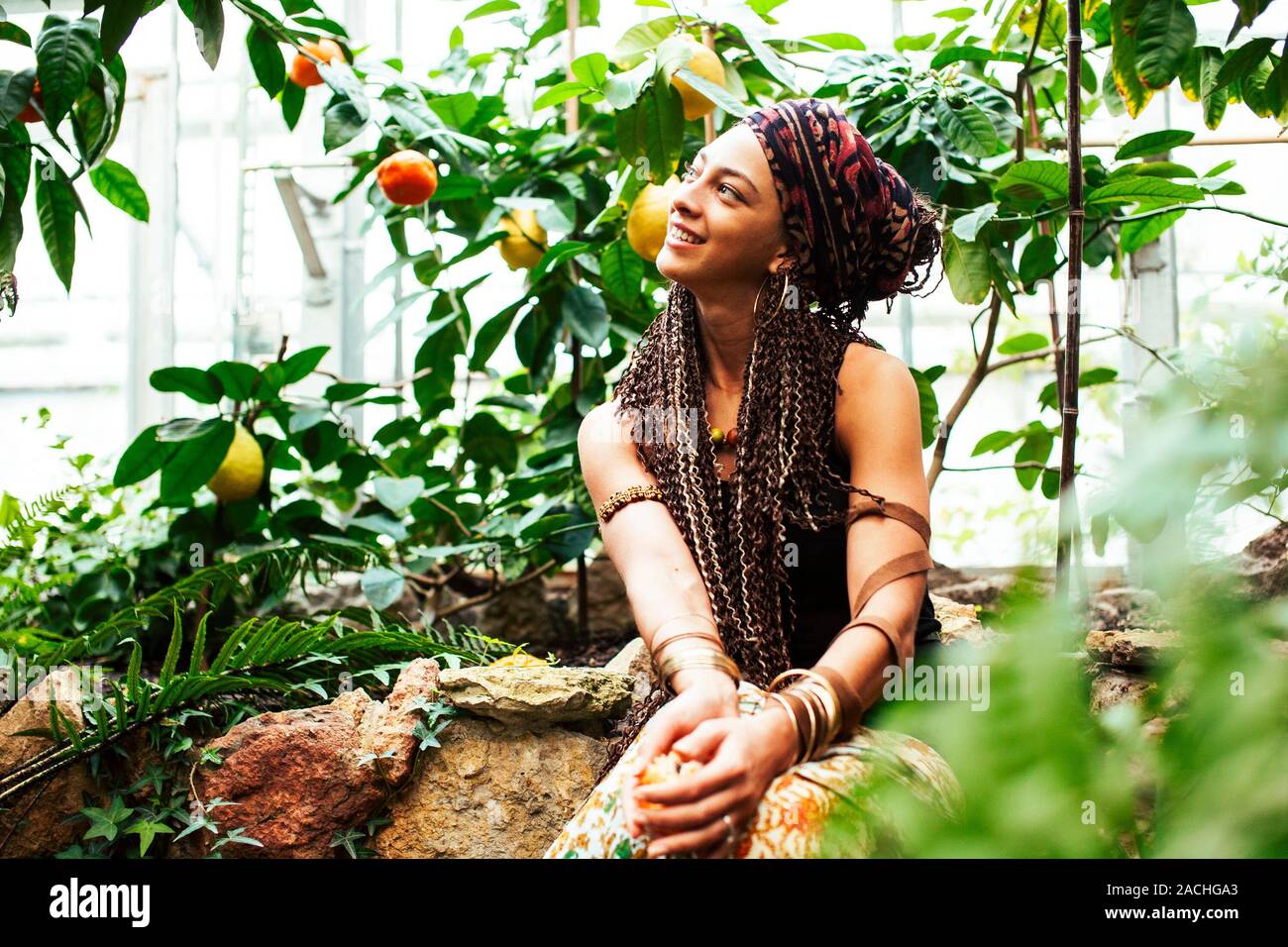 pretty islam woman in orange grove smiling, real muslim girl cheerful ...