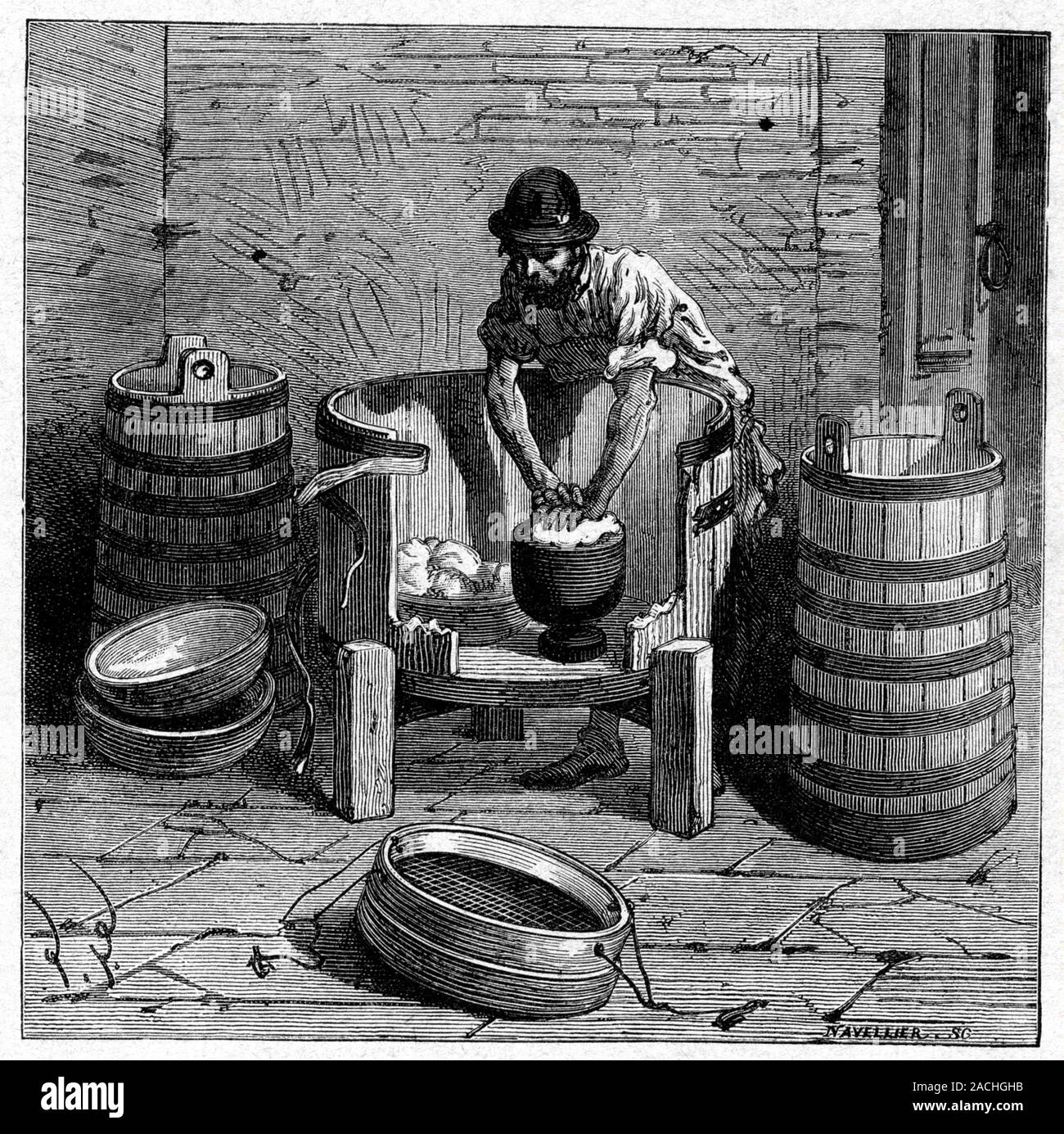 Edam production, 19th century artwork. Cheese maker kneading and ...