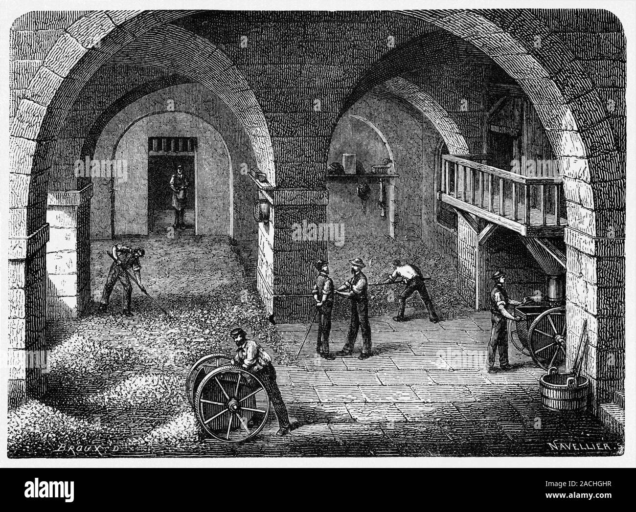 Brewery, 19th century artwork. This is the barley storage room at the ...