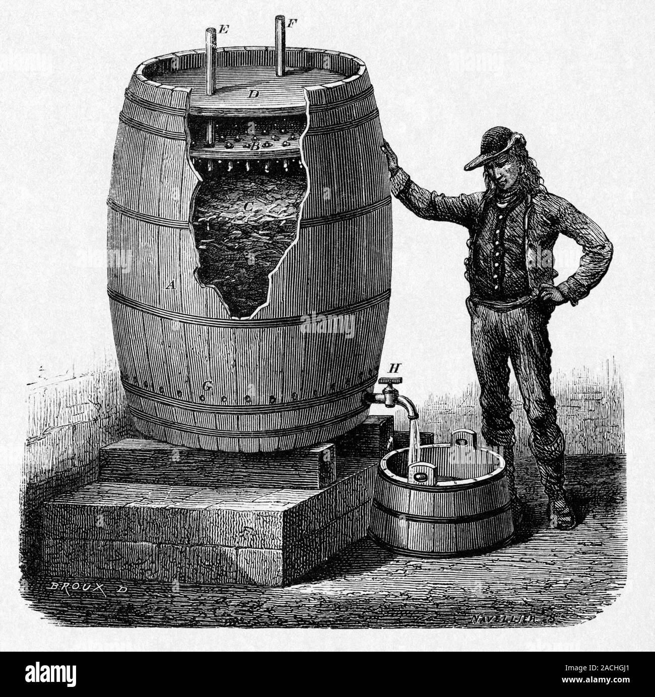 Vinegar production, 19th century cutaway artwork. This is a trickling ...