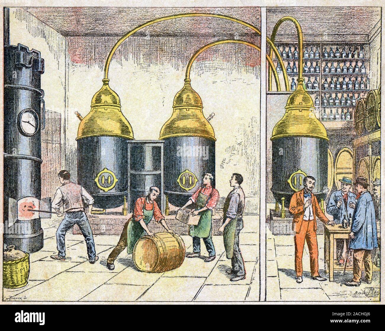 Distillery, 19th century artwork. Workers participating in various ...