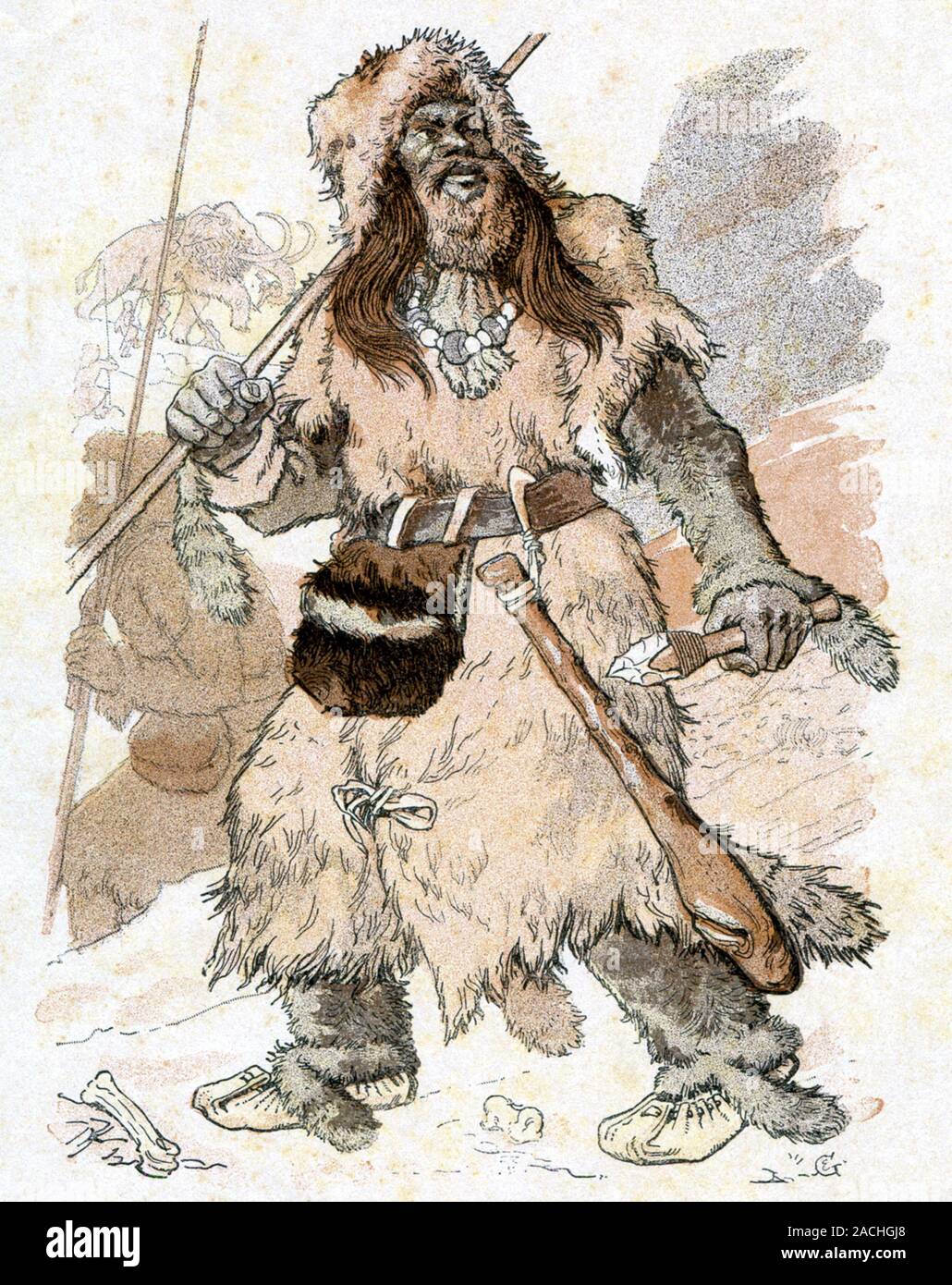Stone Age man hunting a mammoth (upper left), wearing animal furs and ...