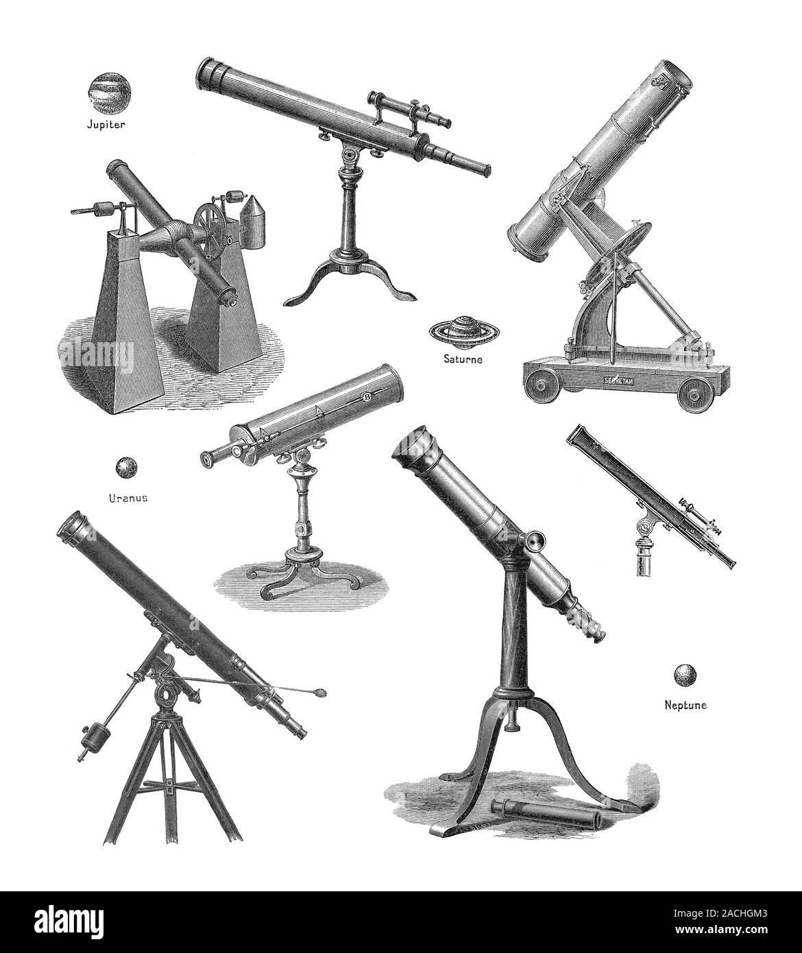 Telescopes. Historical artwork of a range of telescopes and four of the ...