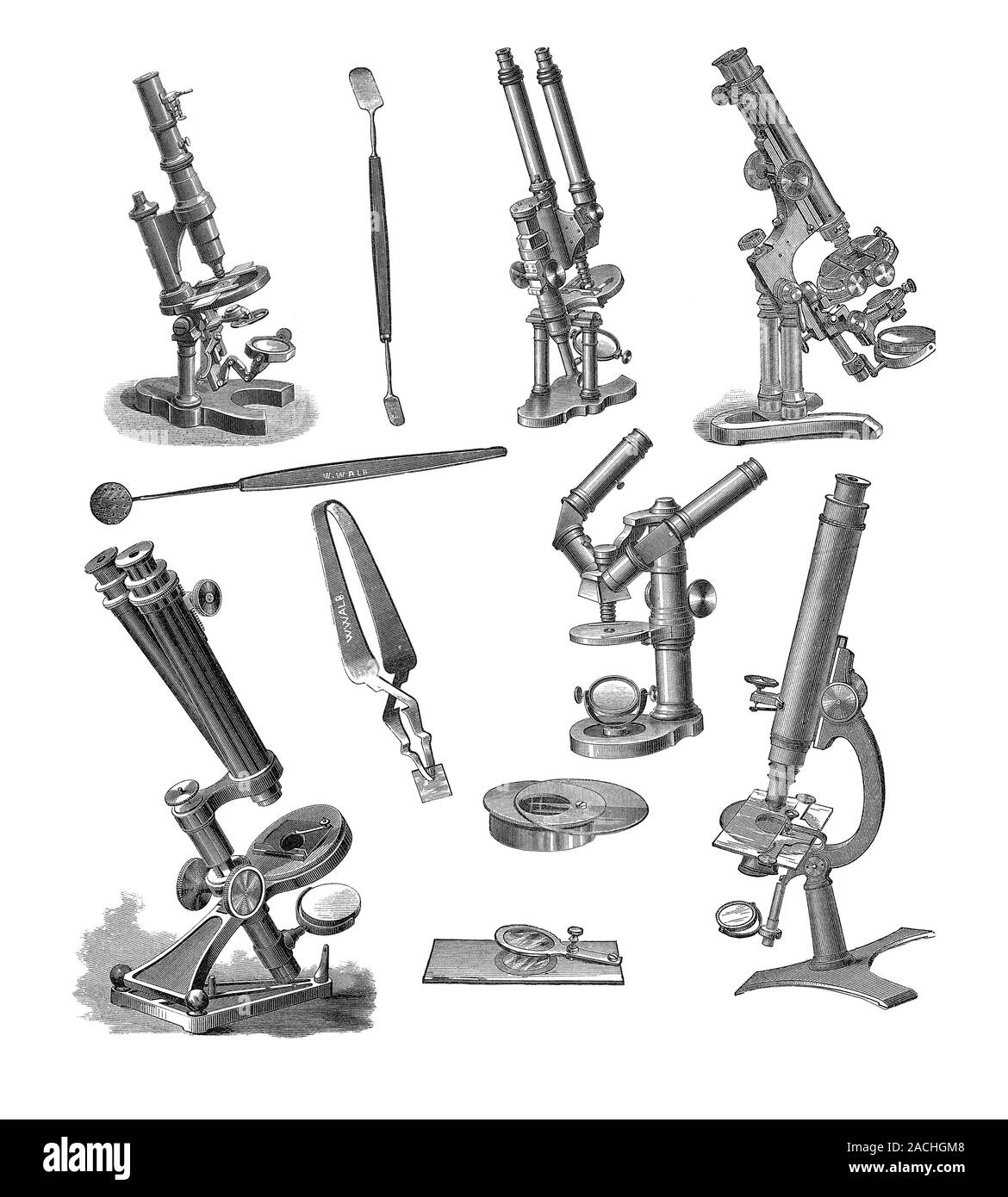 Microscopes. Historical artwork of a range of microscopes and ...