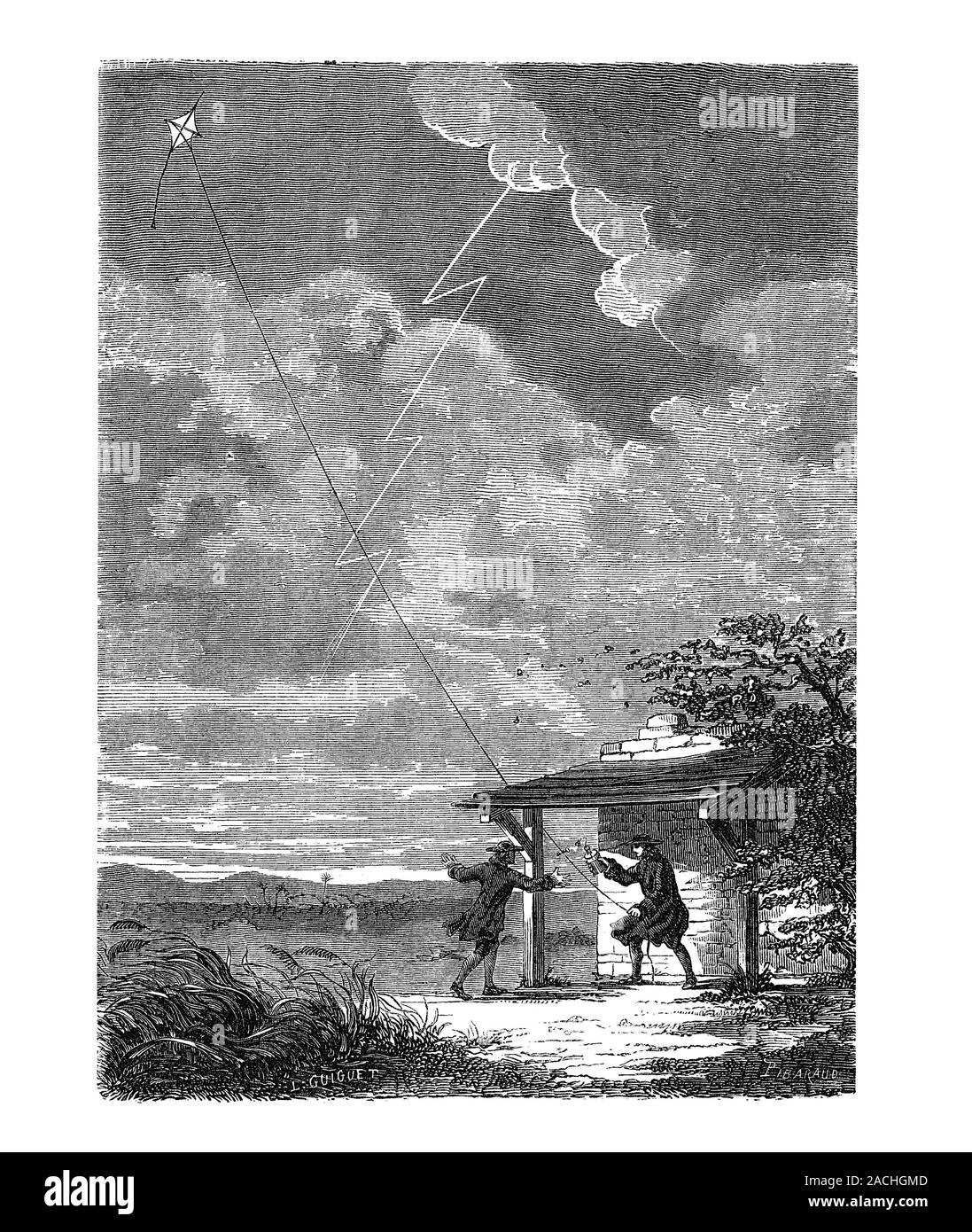 Franklin's lightning experiment. Historical artwork of the US scientist ...