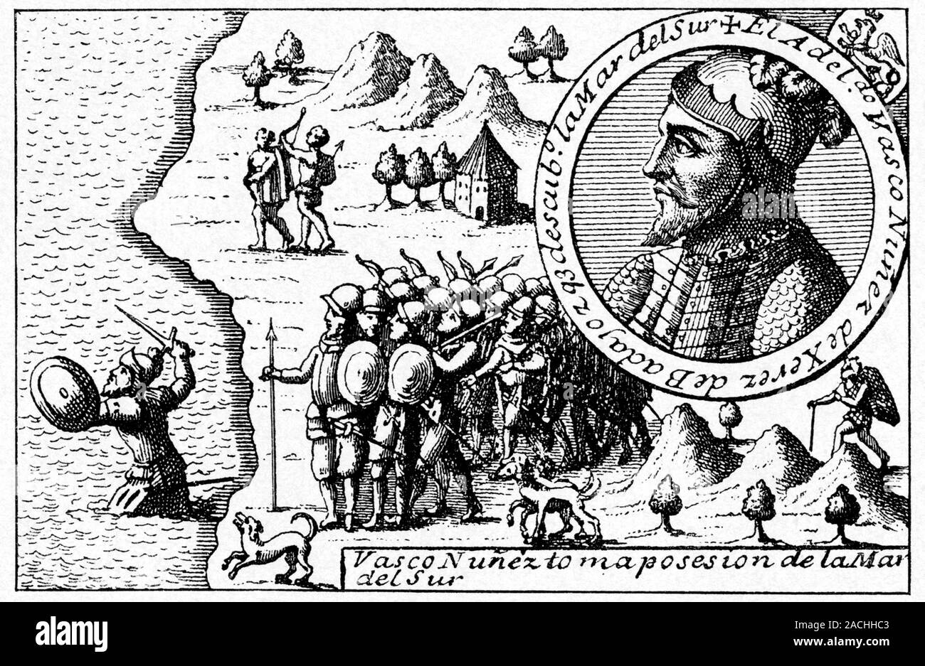 Balboa claiming the South Sea for Spain. Artwork of the Spanish ...