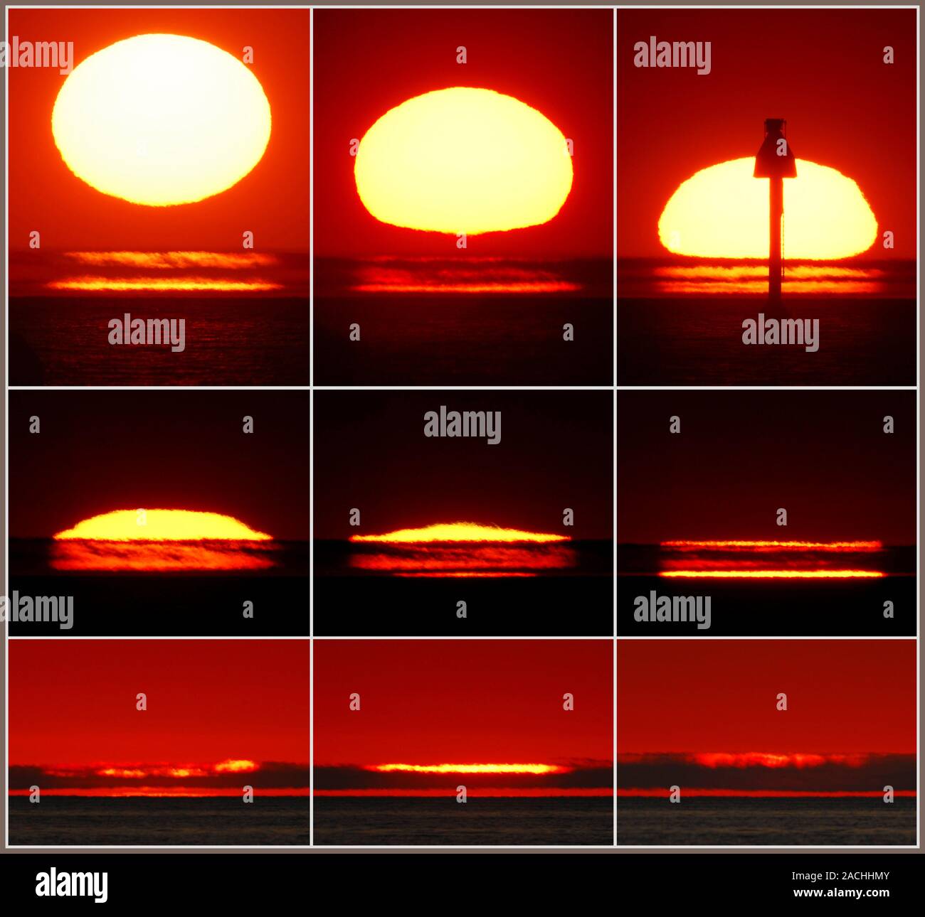 Sunset, composite image. Sequence of nine images showing the Sun ...