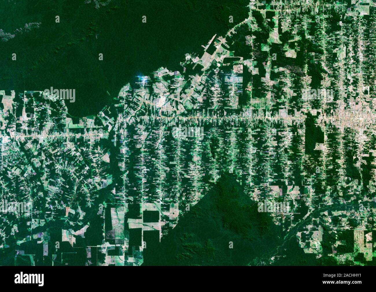 Deforestation in the Amazon. True colour Landsat satellite image of the ...