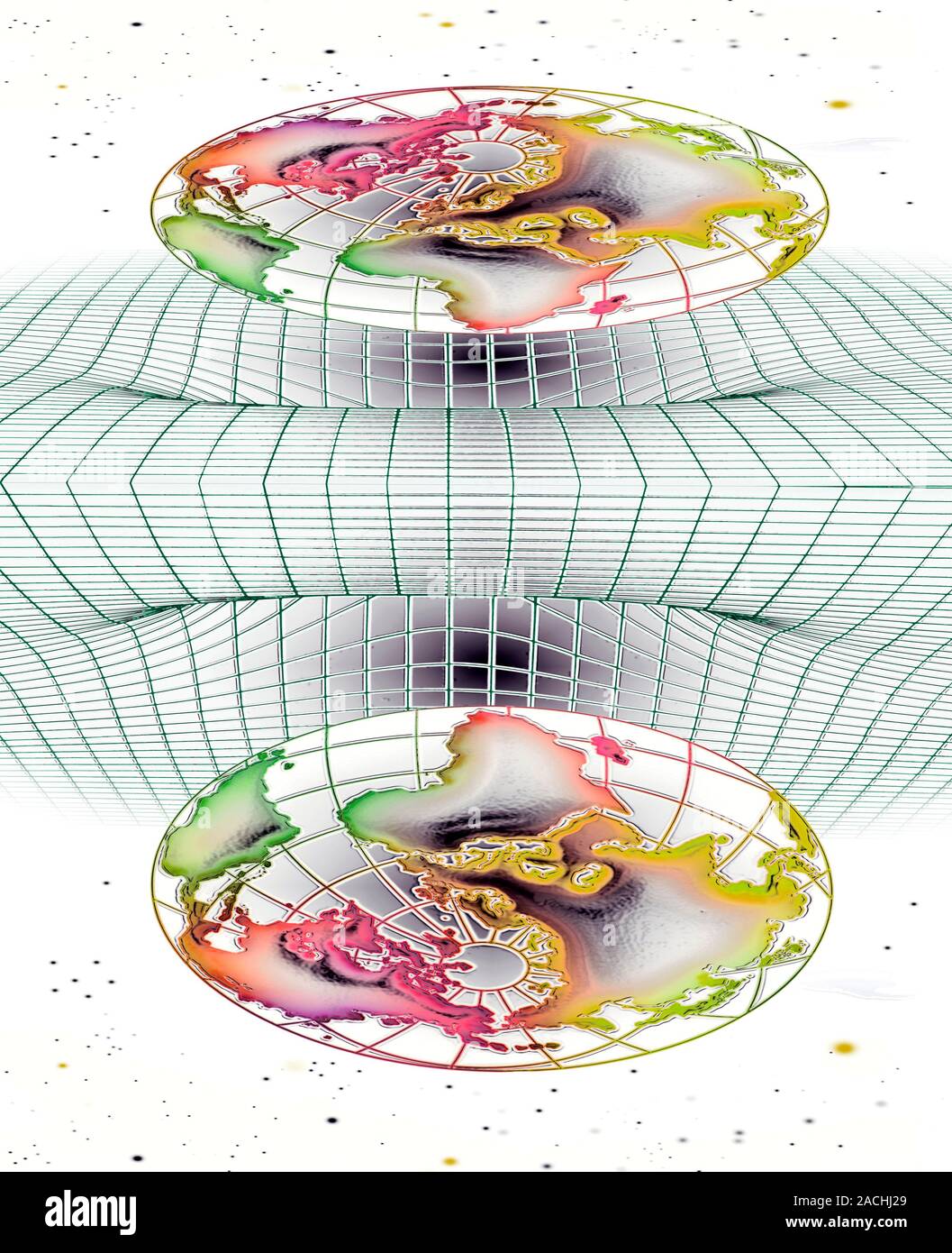 Parallel universes, conceptual artwork. Two Earth globes are seen at ...