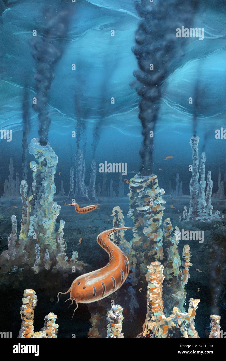 Alien planet. Artwork of primitive life in a subterranean ocean on an ...
