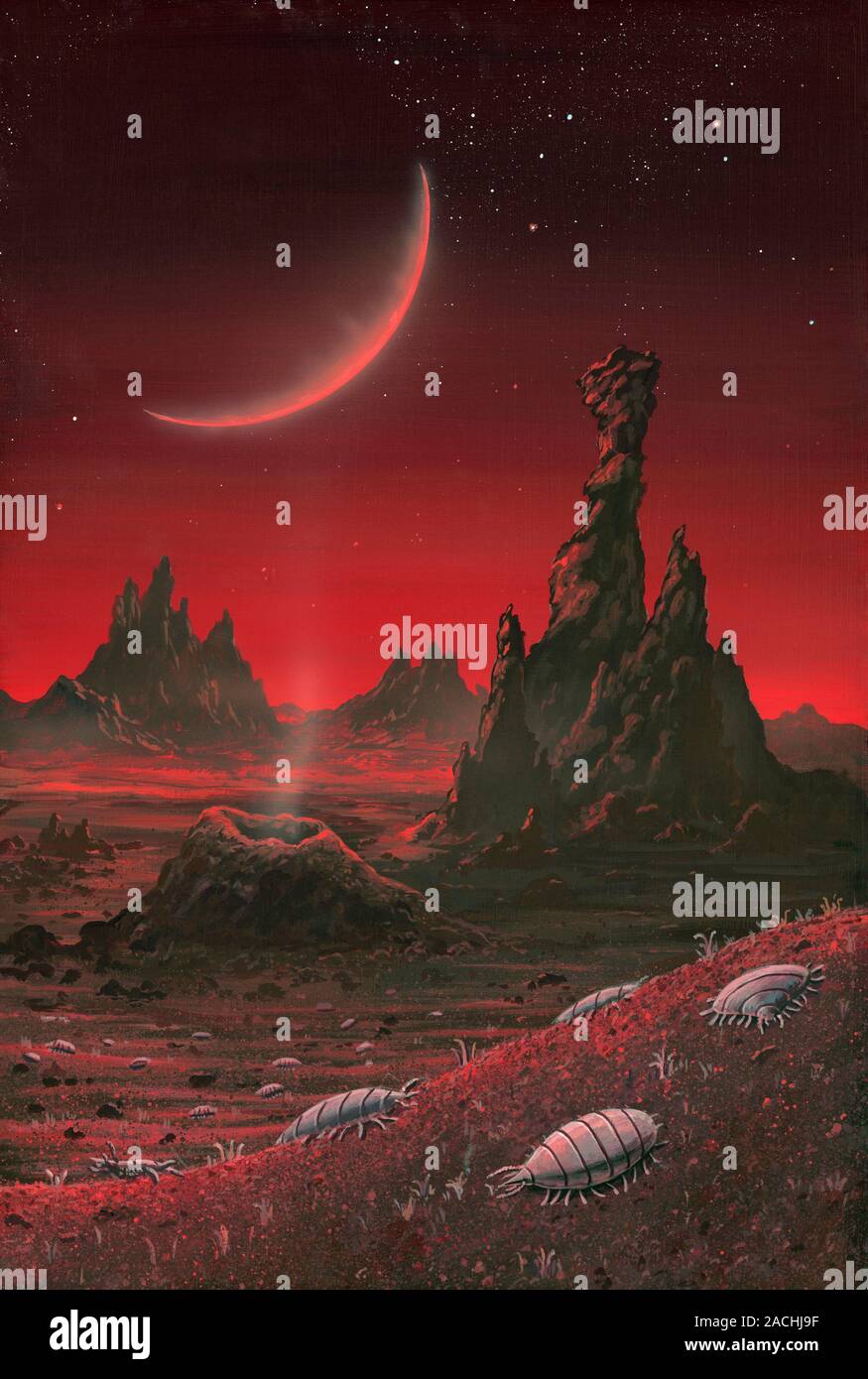 Alien planet. Artwork of arthropod-like animals on an arid alien planet ...
